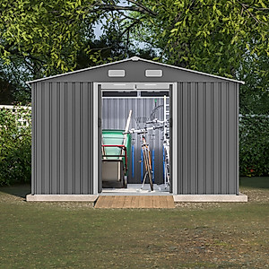 Lifeand 10’x 8’ Outdoor Storage Shed, All Weather Metal Sheds with Metal Foundation & Lockable Doors, Tool Shed for Garden, Backyard, Front Yard, Lawn, Patio, Grey