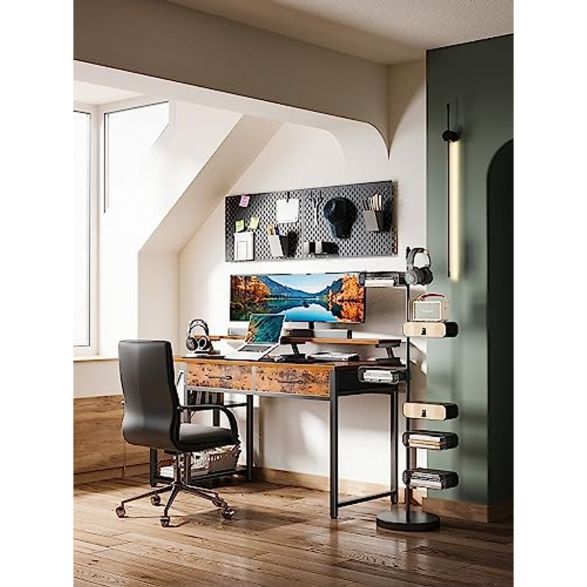 ODK Computer Desk with Drawers, 48 Inch Office Desk with Storage Bag & Shelves, Work Writing Desk with Monitor Stand Shelf, Rustic Brown Home Office Desks for Small Spaces