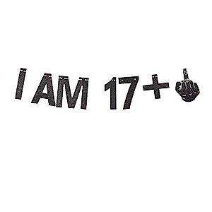 I AM 17+1 Banner, 18th Birthday Party Sign Backdrops Funny/Gag 18 Bday Party Decorations Black Gliter Paper Banner