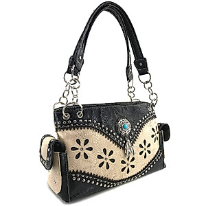 Zelris Floral Western Pu Tooled Leather Turquoise Concho Feathers Conceal Carry Women CCW Shoulder Handbag Purse (Beige)