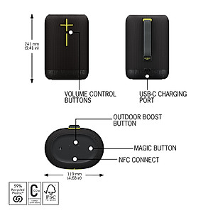 Ultimate Ears EPICBOOM, Portable Wireless Bluetooth Speaker, Big Bass and Immersive, 360-Degree Sound, Adaptive EQ, IP67 Waterproof, Floatable, 17 Hour Battery, 180 ft Range, USB C - Charcoal Black