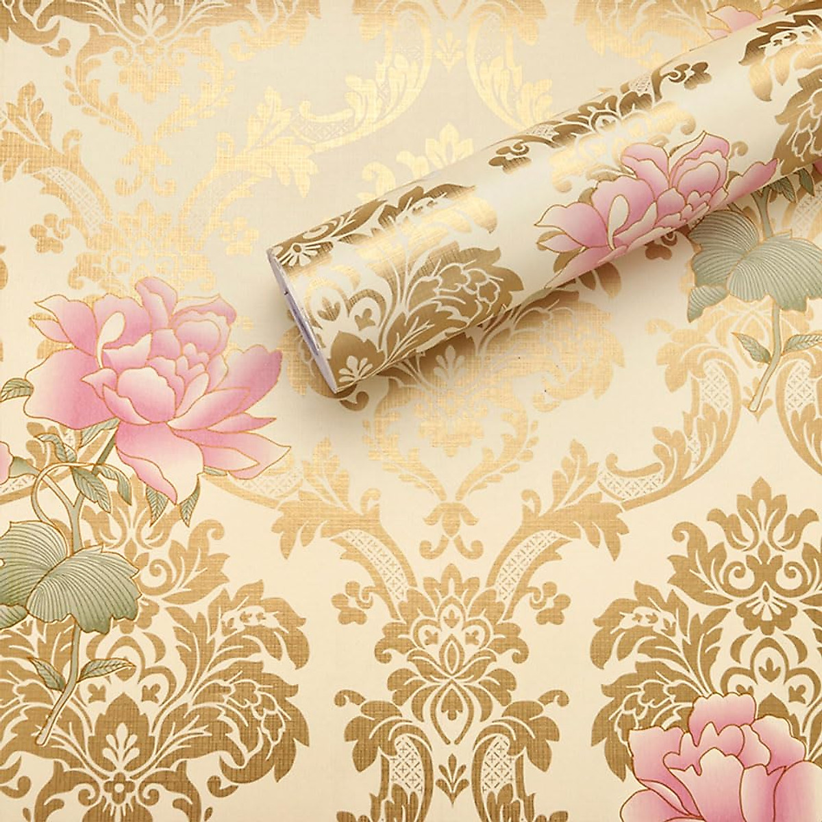 HOYOYO Self-Adhesive Shelf Liners Paper, Removable Self Adhesive Shelf Liner Dresser Drawer Wall Stickers Home Decoration, Gold Pink Flower 17.8 x 118 Inches