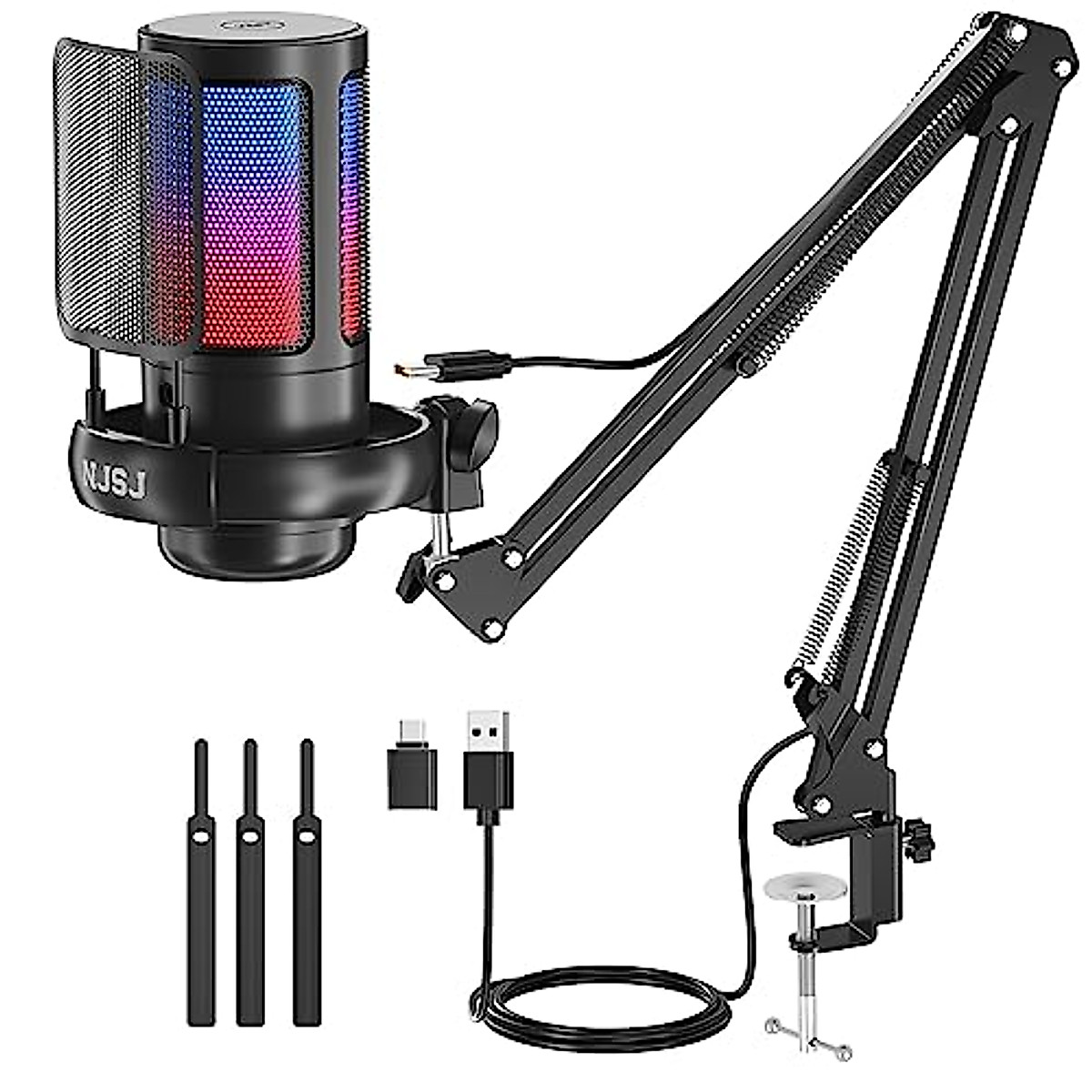 NJSJ USB Gaming Microphone for PC, Condenser Mic with Boom Arm for PS4/ PS5/ Mac/Phone with Touch Mute, RGB Lighting,Gain knob & Monitoring Jack for Streaming,Podcasting,YouTube