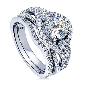 BERRICLE Sterling Silver 3-Stone Wedding Engagement Rings Round Cubic Zirconia CZ Ring Set for Women, Rhodium Plated Size 9