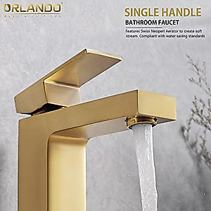 Brushed Gold Bathroom Faucet Single Hole, Modern Brass Bathroom Sink Faucet, Orlando Single Handle Vanity Faucet with Pop-up Drain Assembly and Supply Line, Brushed Gold
