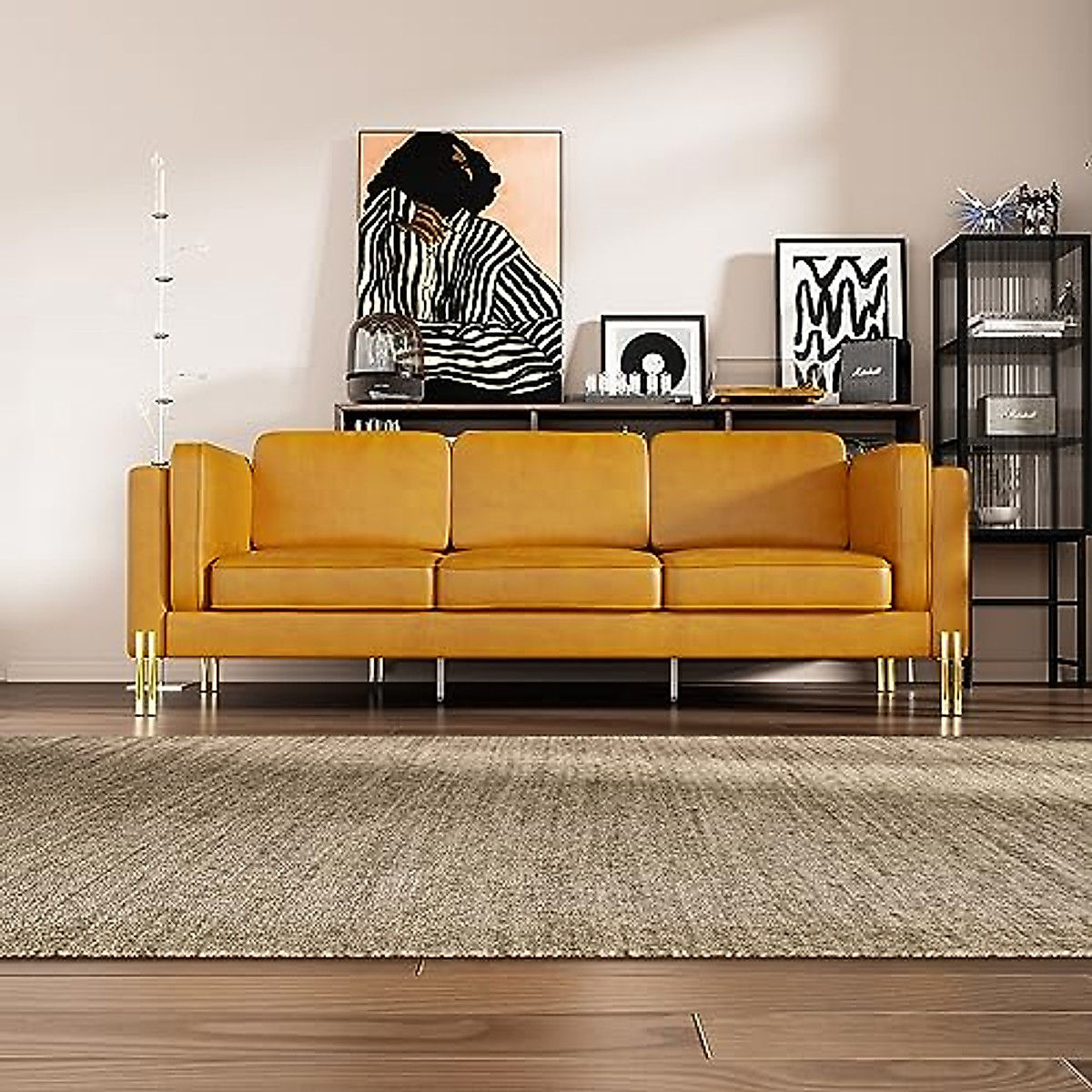 Goohome 94.88" Large PU Faux Leather Sofa, Mid-Century Modern Comfort Breathable Upholstered 3-Seater Sofá with Gold Metal feet and Removable Cushions, for Living Room Furniture Apartment, E-Brown a