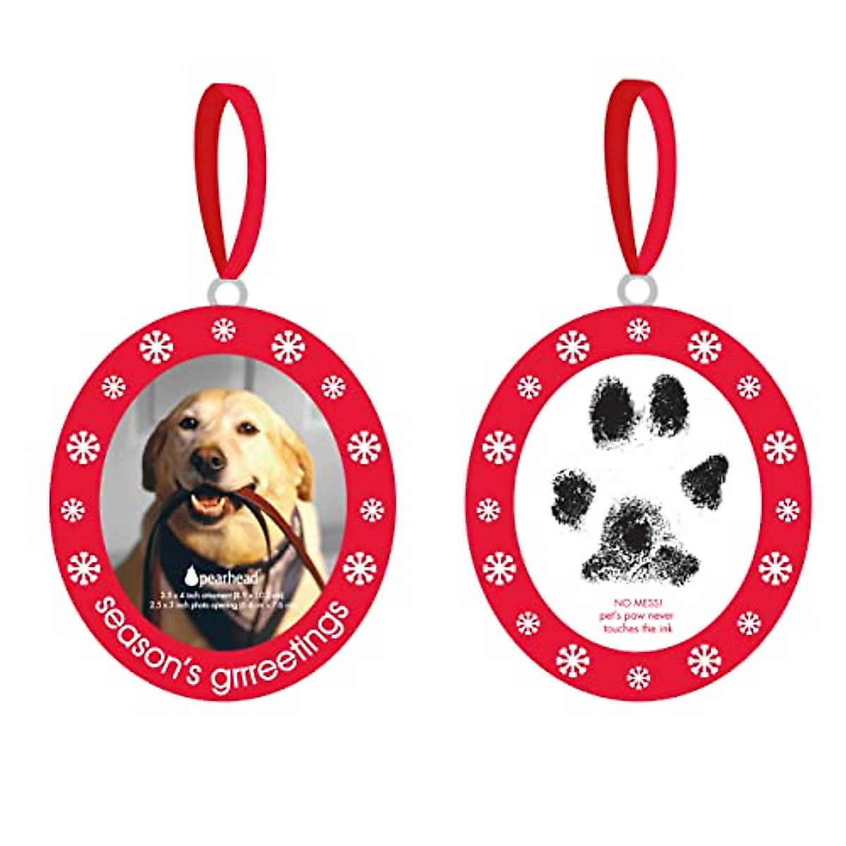 Pearhead Christmas Pawprints Double-Sided Holiday Photo Ornament, Season's Grrreetings Dog or Cat DIY Pawprint Keepsake, Pet Picture Christmas Tree Ornament, With Included Clean-Touch Ink Pad