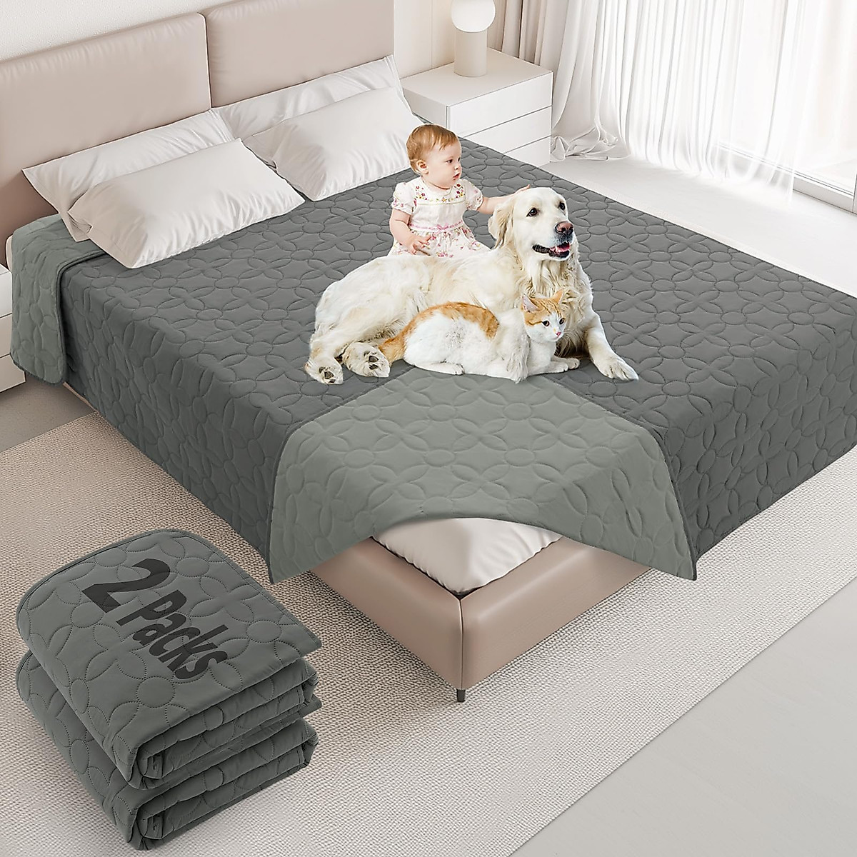 Waterproof Blanket Couch Cover for Dogs - Washable Soft Pet Blanket for Furniture Bed Couch Sofa Covers Protector Reversible Blankets for Kids Dog Cat (Dark Gray+Light Gray,82'' x 120'',2 Pack)