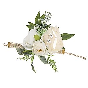 Kuuleyn Corsage Wristlet, Wrist Corsage, Wrist Corsages for Wedding Bride Wrist Flower Decorative White Roses and Green Leaves for Prom Party