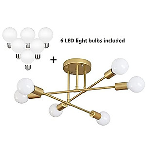 Dellemade Modern Sputnik Chandelier, 6-Light Ceiling Light, 6 LED Light Bulbs Included for Bedroom,Dining Room,Kitchen,Office (Gold)
