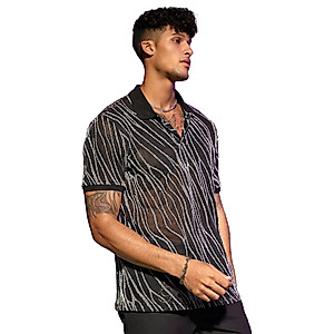 WDIRARA Men's Marble Print Glitter Mesh Sheer Collared Short Sleeve Tee Top Striped Party T Shirt Multicolor S