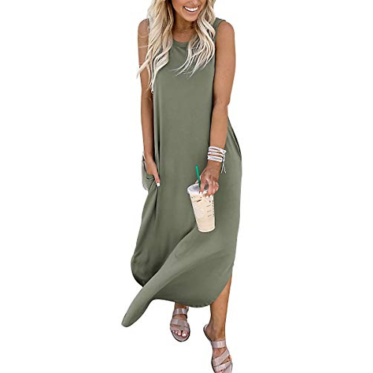 ANRABESS Women Dresses Sleeveless Split Long Maxi Beach Dress for Beach with Pockets A19ganlanlv-M Olive