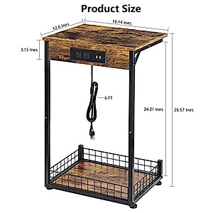 ABQ End Table with Charging Station & USB Ports, C Shaped TV Tray Table with Storage Shelf, Narrow Side Table for Laptop, Sofa, Living Room, Bedroom