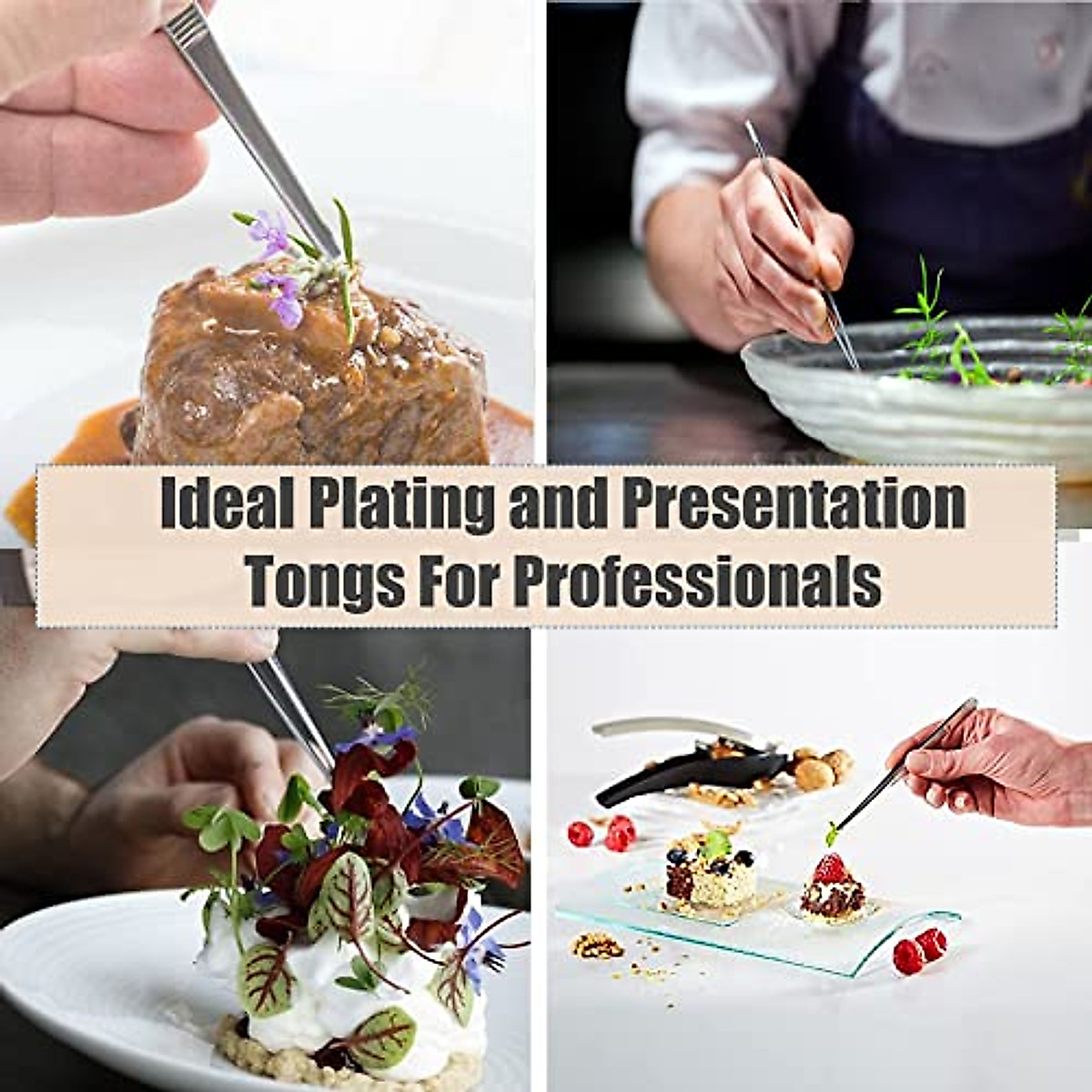 5 Inch Professional Culinary Stainless Steel Precision Tongs with Serrated Tips, Plating/Food Presentation Detailing Serving Tongs, Chef's Kitchen Tweezer Tongs - Ultra Non-Slip Grip