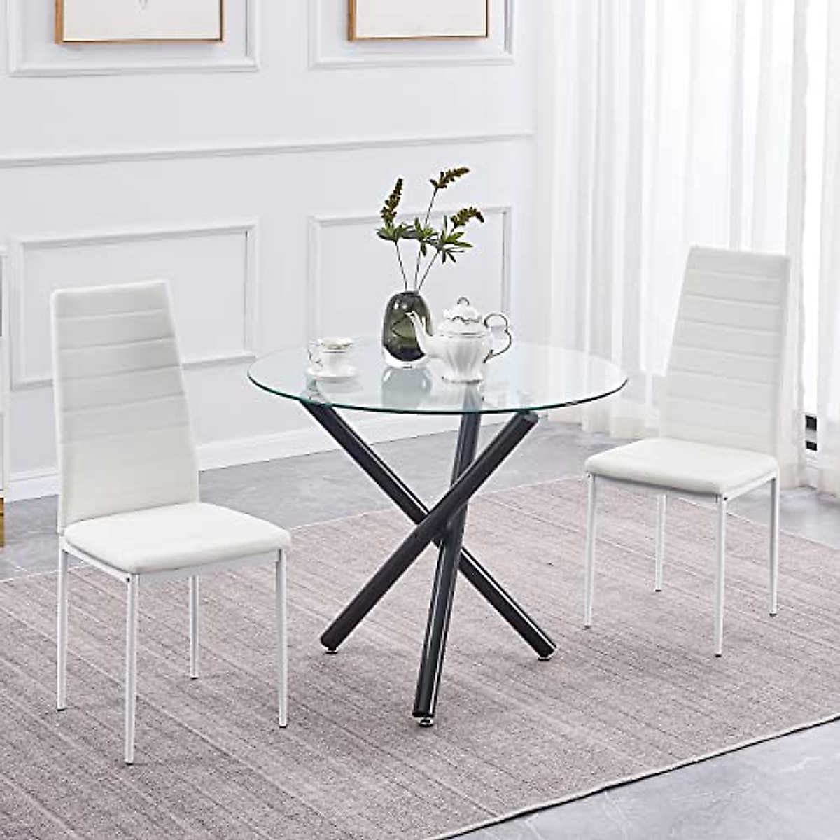 ROOIOME Round Tempered Glass Dining Table with Tripod Legs, Contemporary Round Glass Dining Table for Restaurant, Weather Resistant Round Kitchen Table Glass