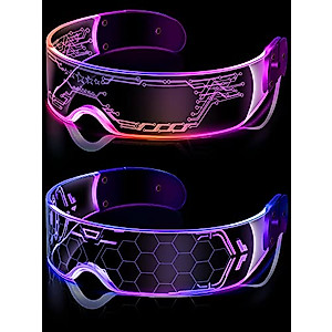 TOODOO 2 Pairs LED Visor Glasses 7 Colors Futuristic Glasses 4 Modes Light Up Glasses Honeycomb Luminous Glasses for Adults (Elegant Style)