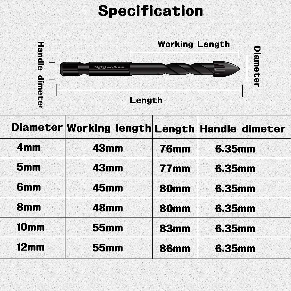10PC 3/16 inch Black Concrete Drill Bit Set, Mgtgbao 5MM Masonry Drill Bits for Tile,Brick, Plastic and Wood,Tungsten Carbide Tip Best for Wall Mirror and Ceramic Tile on Concrete and Brick Wall