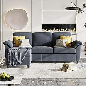 Vongrasig Convertible Sectional Sofa Couch, 3 Seat L Shaped Sofa with Removable Pillows Linen Fabric Small Couch Mid Century for Living Room, Apartment and Office (Gray)