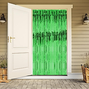 DecorWoo 3ft x 8ft Foil Fringe Backdrop Curtain, Metallic Tinsel Foil Fringe Curtains, Party Streamers Backdrop, Baby Shower Birthday Holiday Celebration,Party Decorations (Green)