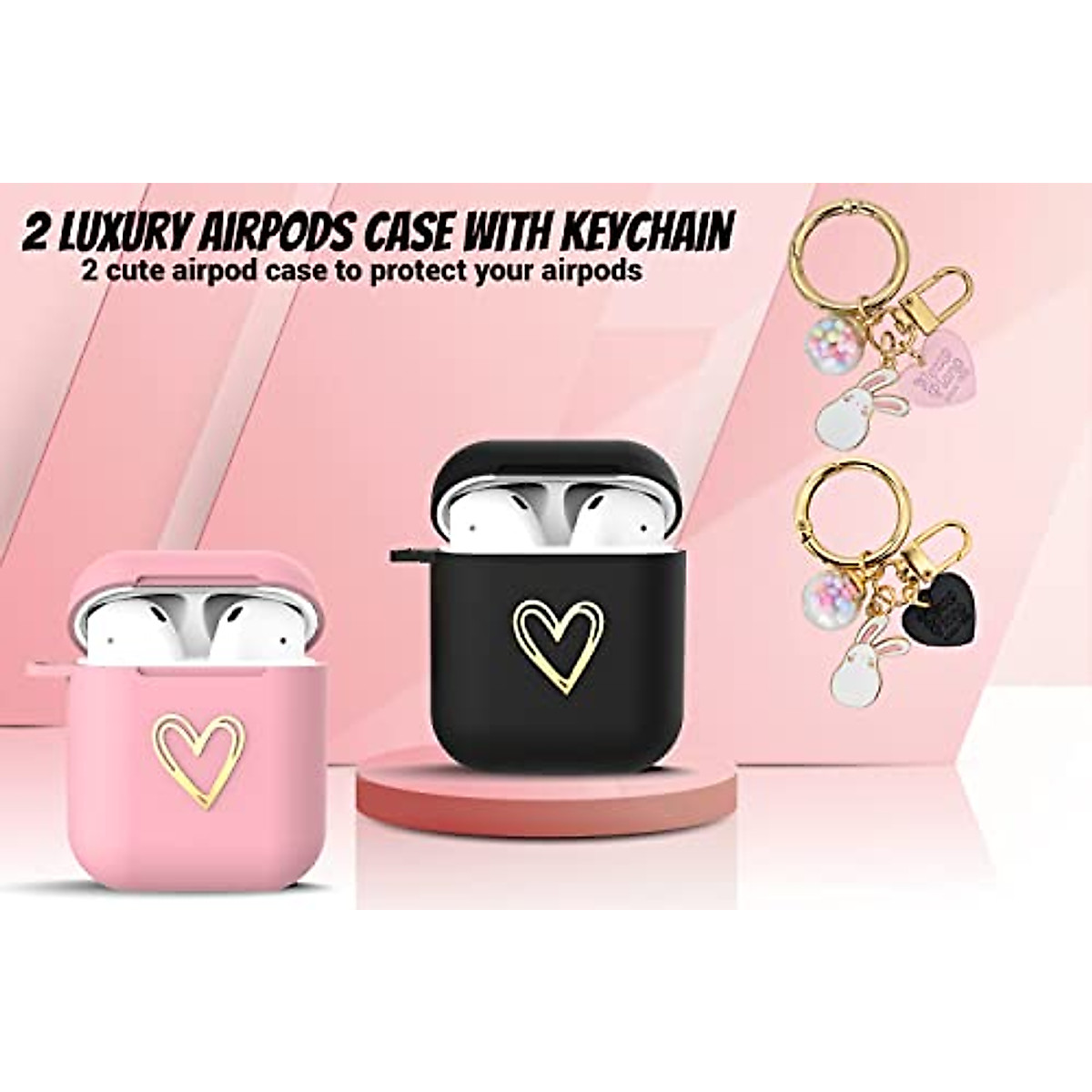 REDX1 [2 Pack] Airpods Case Gold Heart Design Protective Cover with Lucky Ball Keychain Accessories,Soft TPU for Women,Girl,Teen Compatible with Airpods 1&2nd Generation (Black,Pink)