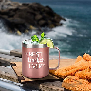 Qtencas Teacher Gifts, Best Teacher Ever Coffee Mug, Thank You Appreciation Gifts for Teachers Women on Birthday Christmas, 12 Oz Stainless Steel Travel Mug, Rose Gold