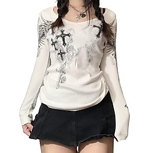 Y2K Fairy Grunge Long Sleeve Top Graphic Print Crop Top Tee Vintage Rhinestone Slim Fit Tee Shirt(ZCC-White,S)