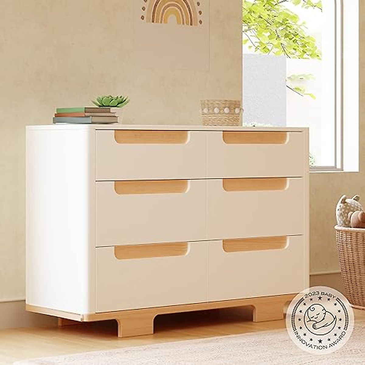 babyletto Yuzu 6-Drawer Dresser in White and Natural, Greenguard Gold Certified