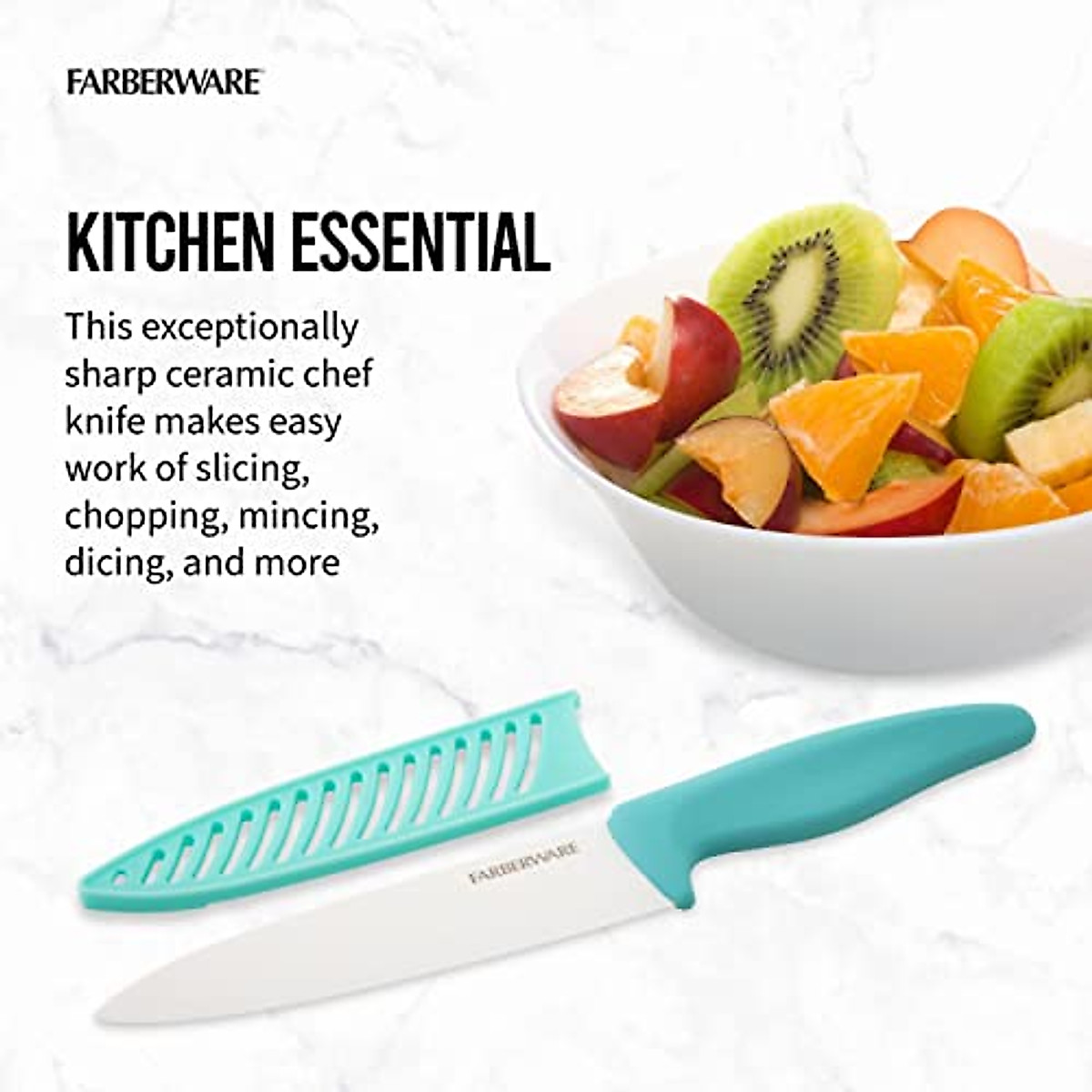 Farberware Ceramic Chef Knife with Custom-Fit Blade Cover, Razor-Sharp Kitchen Knife with Ergonomic Handle, Dishwasher-Safe, 6-inch, Aqua