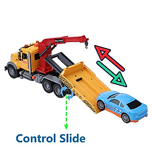 IYEAM 15" Tow Truck Toy with Hooks and Car for Kids Boys Girls Friction Powered Truck Toy with Sound and Lights