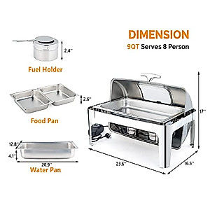 ROVSUN 9 QT Stainless Steel Chafing Dish Buffet Set with Electric & Fuel Heating,Roll Top Catering Chafer Server with Full Size & 2 Detachable Food Pans, Glass Lid for Party Wedding Banquet