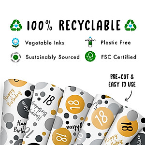 CENTRAL 23 Girls Wrapping Paper - 6 Sheets of Gift Wrap - 18th Birthday Wrapping Paper for Men Women - Black Gold - Dots - Age 18 - For Friends - Comes with Fun Stickers