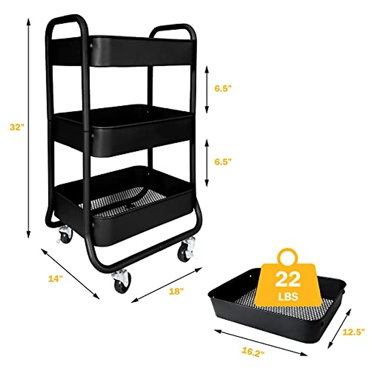 HOMESTEAD 3-Tier Rolling Cart - Heavy Duty Metal Rolling Cart, Lockable Casters, Multifunctional Storage Shelves - Great for Kitchen, Office, Bathroom, Laundry Room (Black)
