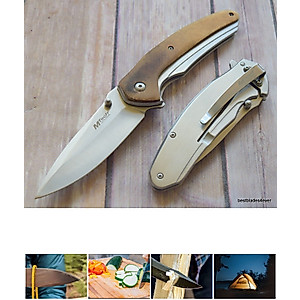 8.25 Inch Mtech Burl Wood Handle Framelock Open Folding Pocket Knife - 3 Pcs Combo Outdoor Survival Hunting Knife for Camping by Survival Steel