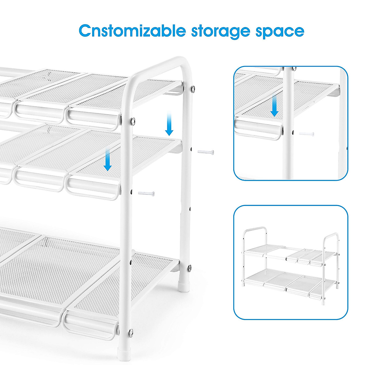 Simple Trending 2-Tier Under Sink Expandable Cabinet Shelf Organizer Rack with 8 Removable Panels for Kitchen Bathroom Storage, White