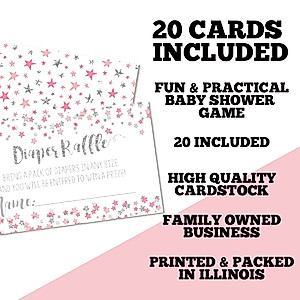 Amanda Creation Pink & Silver Twinkle Little Star Themed Diaper Raffle Tickets for Girl Baby Showers, 20 2" X 3” Double Sided Inserts, Bring a Pack of Diapers to Win Favors & Prizes!