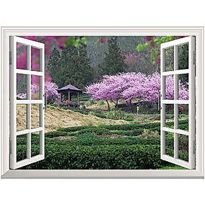 wall26 Modern White Window Looking Out Into a Japanese Garden with Cherry Blossom Trees and a Kiosk - Wall Mural, Removable Sticker, Home Decor - 36x48 inches