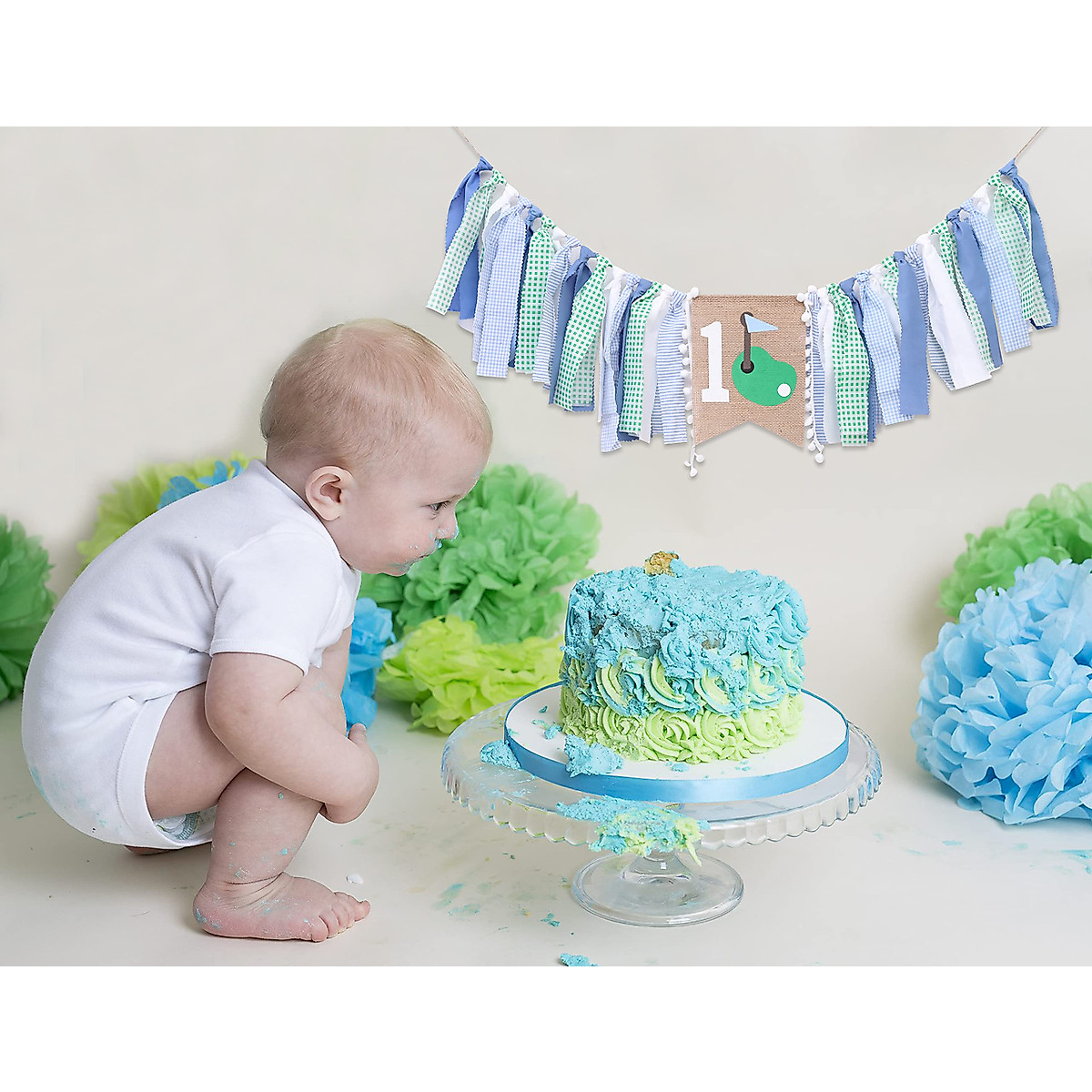 1st Birthday Highchair Banner,Golf Theme 1st Birthday Banner, One Banner 1st Birthday Boy, Highchair Banner 1st Birthday Boy, Happy Birthday Banner, Green Blue First Birthday Golf Theme Party Toppers