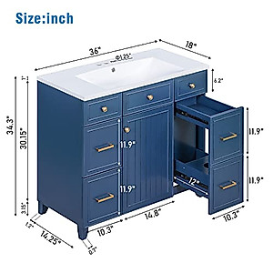 Merax 36" Bathroom Vanity W Soft Closing Door, Combo Stand Storage Cabinet Set and Square White Resin Sink Top, Navy Blue