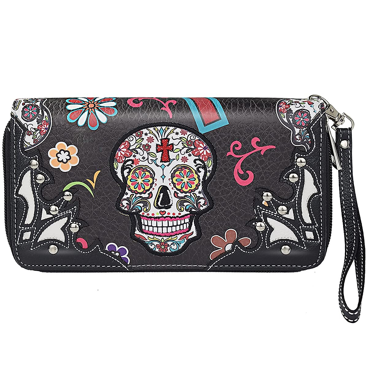 Sugar Skull Wallet PU Leather Western Wristlet Wallet (Black Sugar Skull)