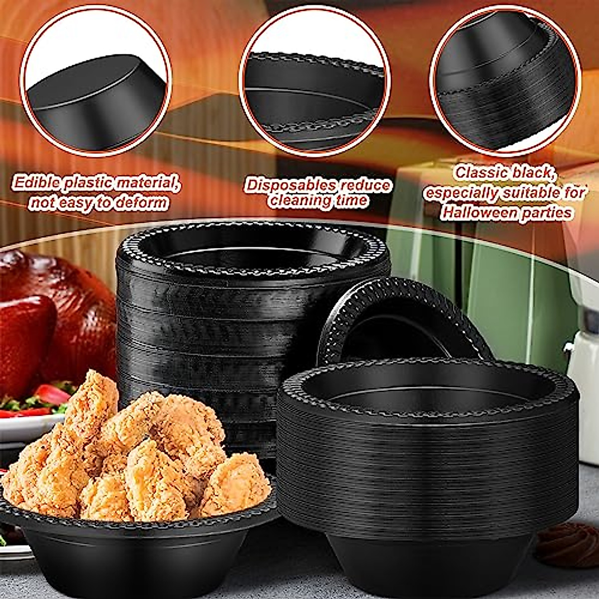 Lallisa 160 Pcs 12 oz Disposable Plastic Bowls 5.8 Inch Snack Bowls Dessert Bowls Disposable Salad Bowls Plastic Ice Cream Bowls Plastic Food Serving Bowls for Party Picnic (Black)