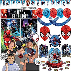 Spiderman Birthday Party Decoration Pack With Scene Setter, Photo Props, Hanging Honeycomb and Swirl Decorations, 6 Balloons, Table Decorating Kit, Add An Age Birthday Banner, Garland, Exclusive Pin