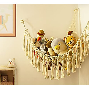 TCGPRO Stuffed Animal Toy Storage Hammock with LED Light-Macrame Jumbo Doll Room Corner Organizer Mesh Decoration-Hanging Storage Nets Kids Bedroom(Beads), Beige