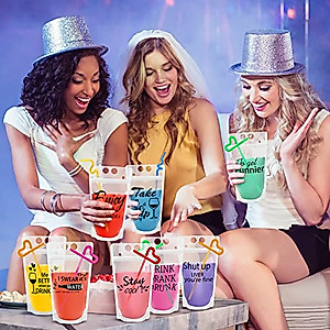 Ozera 100 Pcs Drink Pouches for Adults, Funny Text Juice Pouches for Adults Teens Party Beverage Bags, Reusable Novelty Drink Pouches with Straw Funnel for Cold & Hot Drinks (100 Pack,10 Styles)