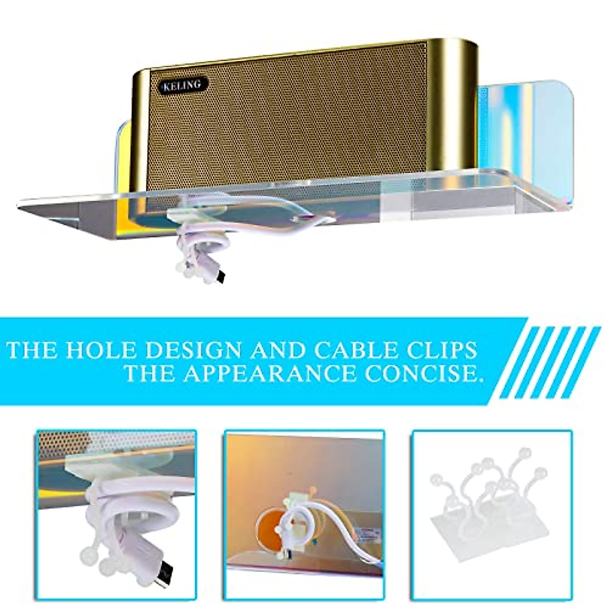 Weysat Floating Wall Shelves 9 Inch Acrylic Small Wall Shelf Hanging Shelves Adhesive Shelf Screwless Display Shelf with Cable Clips and Stickers for Bathroom, Bedroom, Office (Iridescent, 4 Pcs)