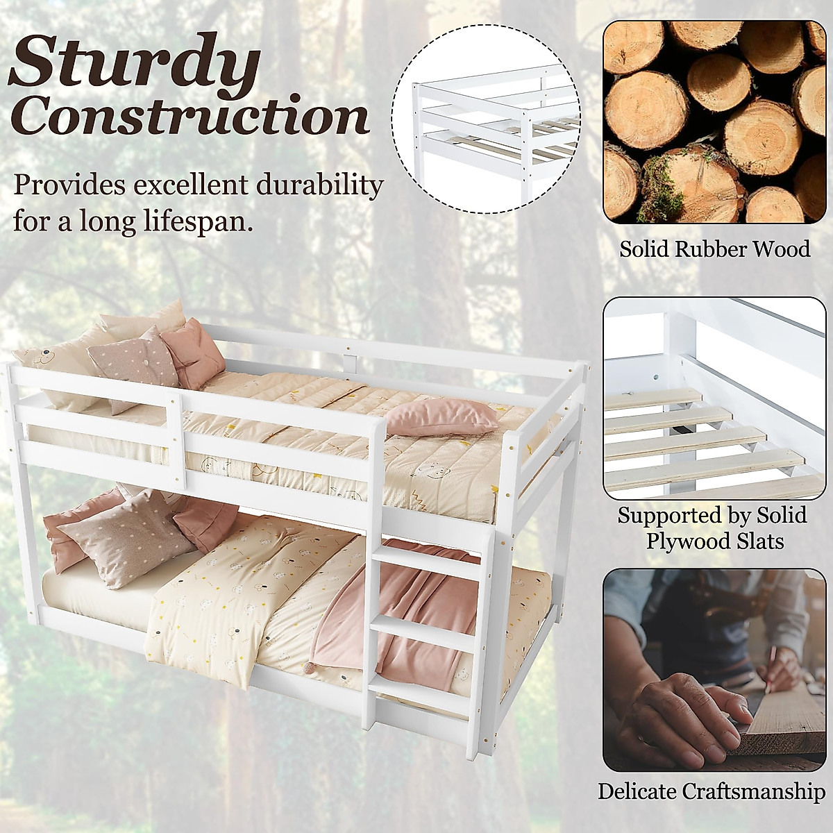 Bunk Bed Twin Over Twin, Floor Bunk Bed with Ladder, Solid Rubber Wooden Low Twin Bunk Beds for Kids Teens , Ideal for Multiple-Child Family, Apartment, Dormitory, No Box Spring Needed,White