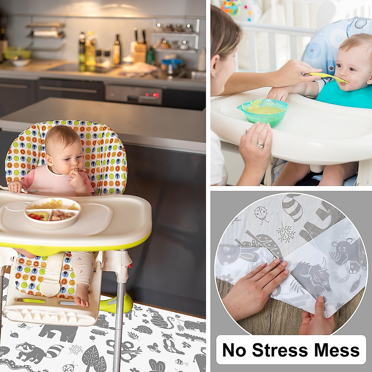 Drydiet 100 Pack 28"x47" Splat Mat for Under High Chair, Disposable Mats with Animals Print, Waterproof High Chair Mat Plastic Floor Mat Multipurpose Mat Baby Led Weaning Supplies (Forest Animal)