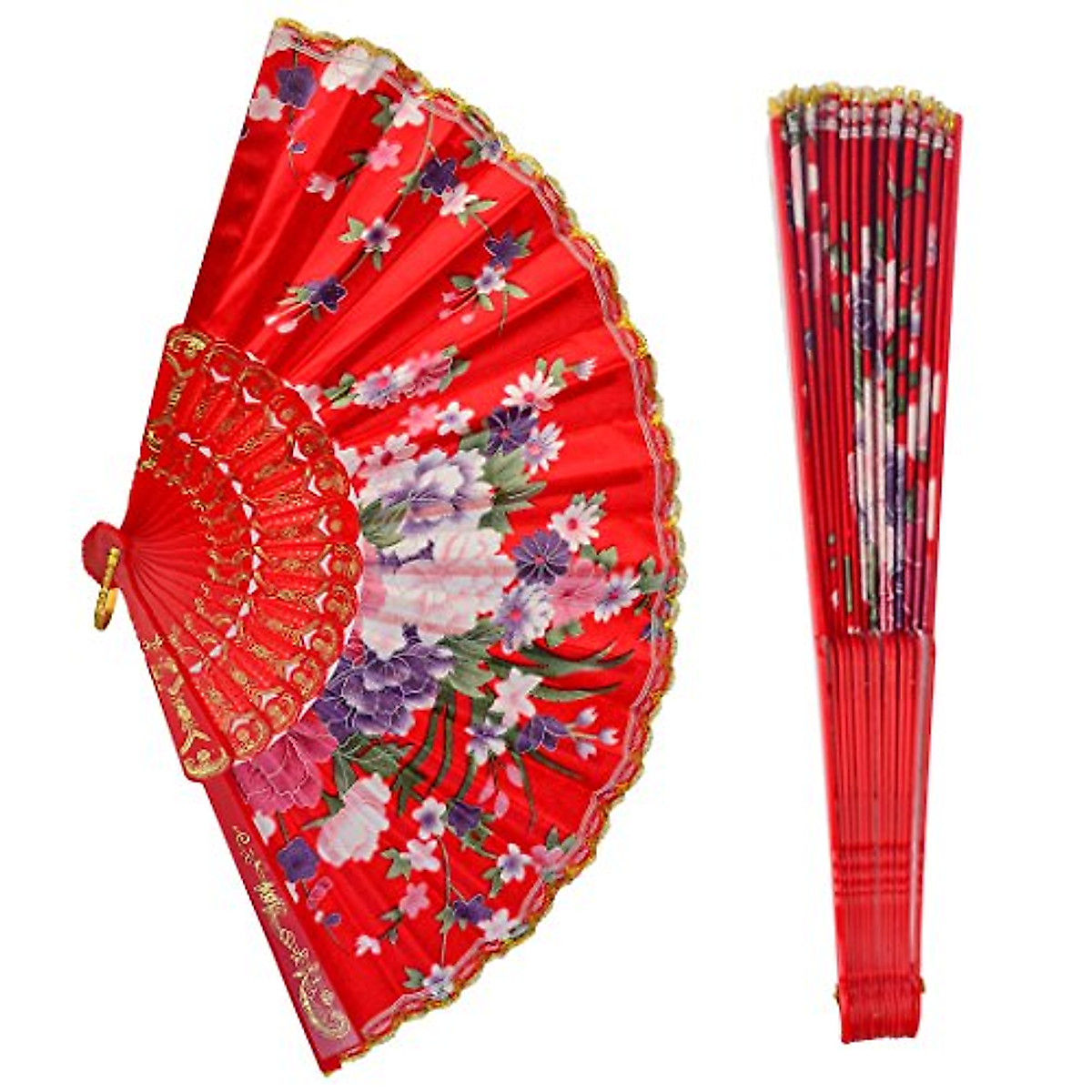10pcs Floral Folding Hand Fan Flower Pattern Gold Side Lace Handheld Folding Fans Women Hand Folding Fans Vintage Retro Style Folding Fan
