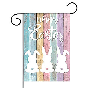 Funnytree Happy Easter Garden Flag Bunny Colorful Wooden Board Outdoor Decor Spring Rabbit Yard Flags Farmhouse Decoration Vertical Double Sided 12x18in