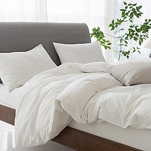 ELIMMO Bedding Duvet Cover Set Linen Like Texture 100% Cotton 3 Pieces with Zipper Closure Super Soft Cozy Breathable Natural Dreamy Chic Feel (Off White, Queen)