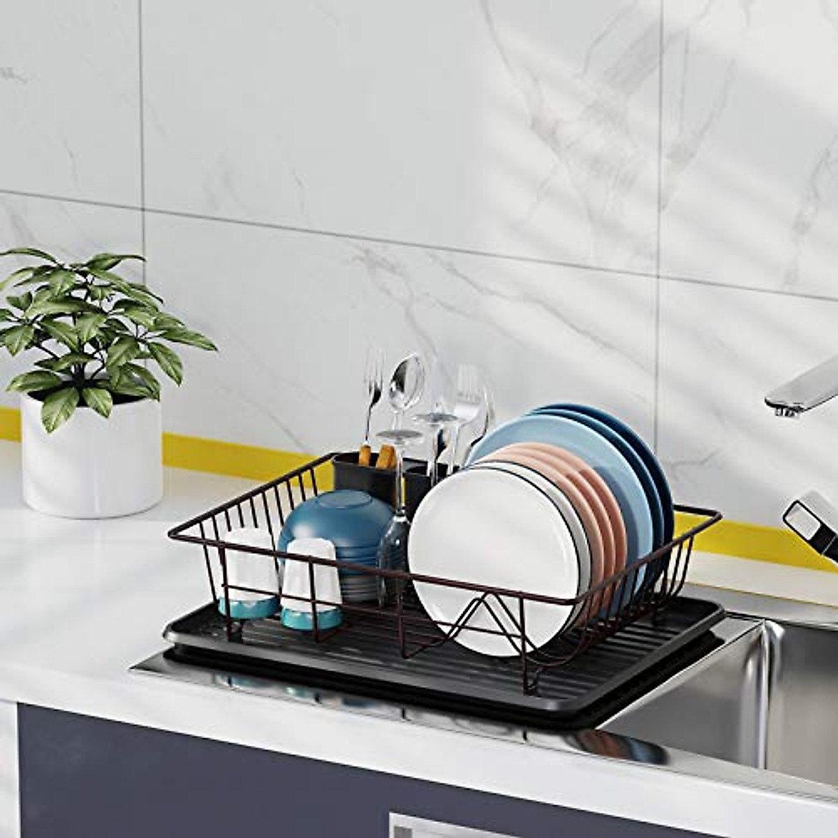 GSlife Dish Drying Rack with Drainboard - Dish Racks for Kitchen Counter, Dish Drainer with Utensil Holder, No Drain Spout, Bronze